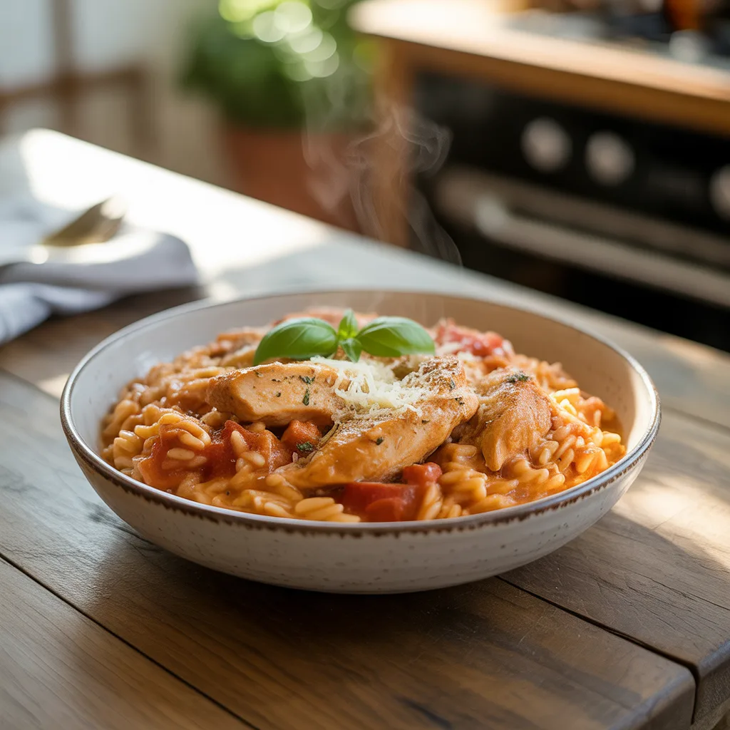My Creamy Tomato Parmesan Orzo with Chicken is Dinner Magic