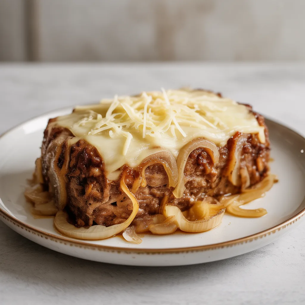 French Onion Meatloaf with Melted Cheese Topping