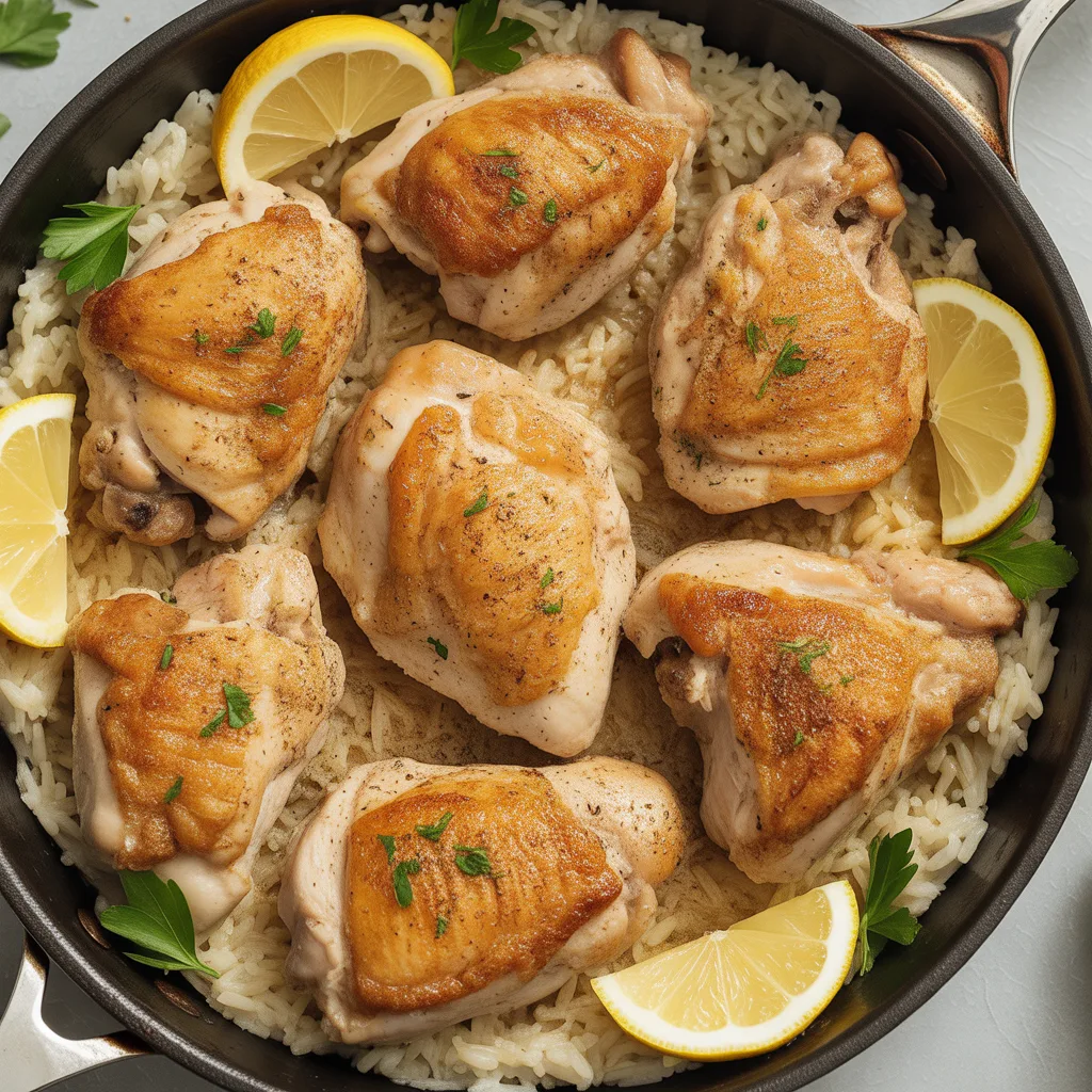 Skillet Lemon Pepper Chicken Thighs with Cozy Rice Pilaf