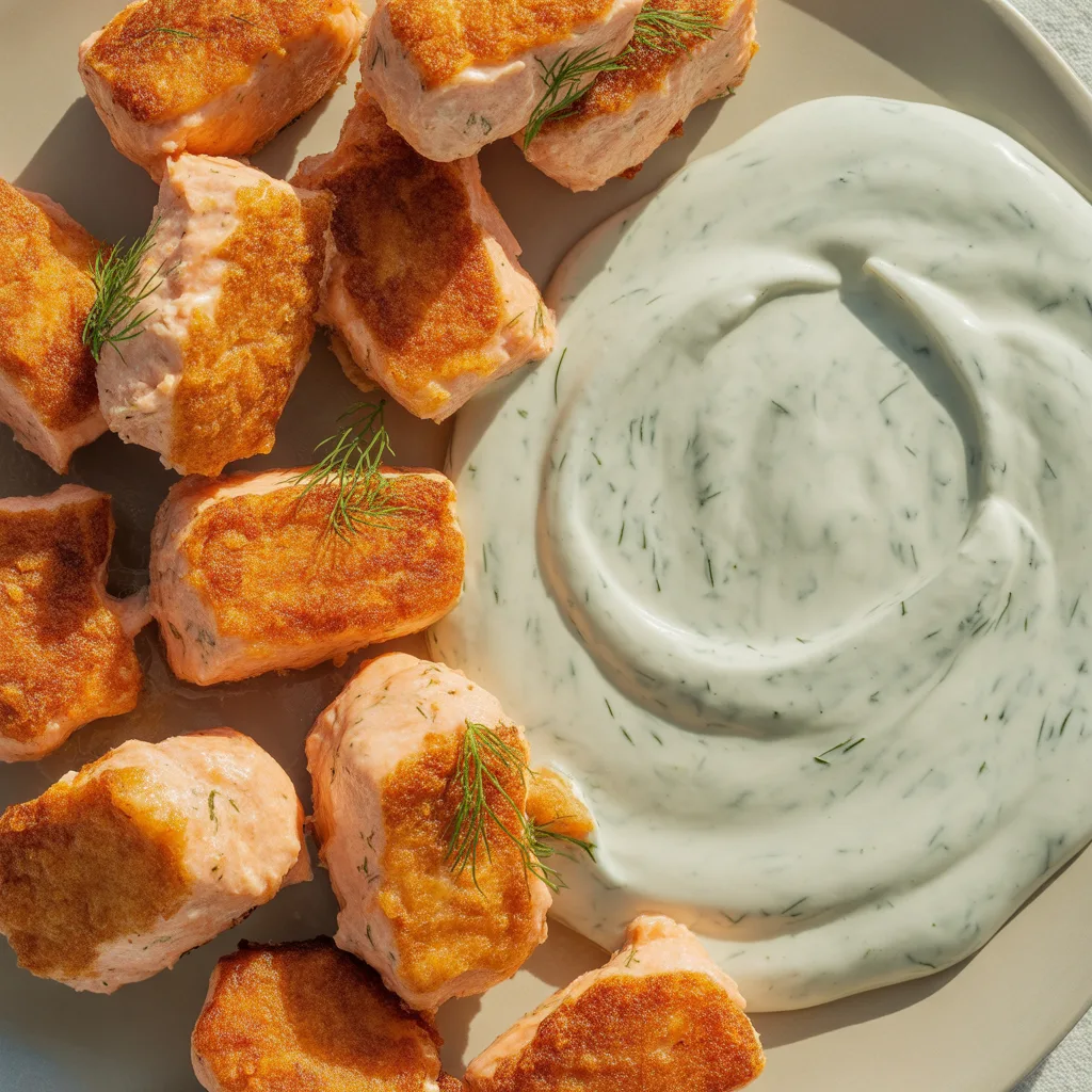 Crispy Salmon Bites with Creamy Garlic Yogurt Sauce