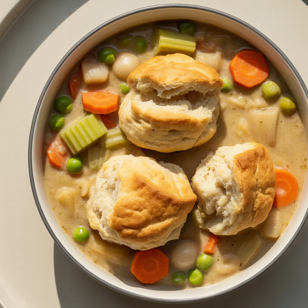 Cozy Veggie Pot Pie Soup with Flaky Biscuit Topping